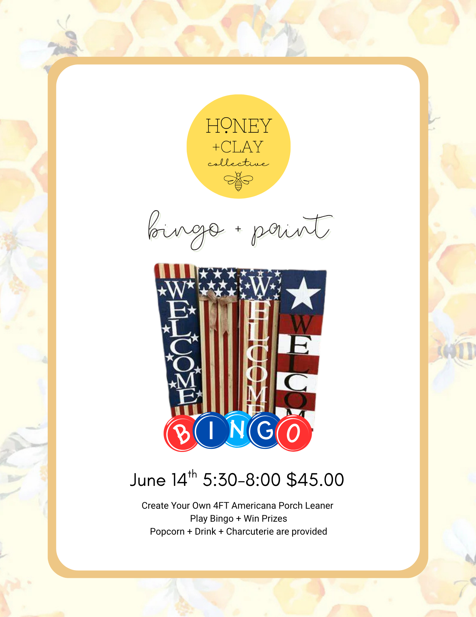 Saturday Bingo + Paint 6/14/2025 @ 5:00PM – Honey + Clay Collective